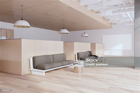 나무 바닥 칸막이 커피 테이블이 있는 대기실 소파가 있는 현대적인 코워킹 오피스 인테리어 3d 렌더링 0명에 대한 스톡 사진 및 기타 이미지 Istock
