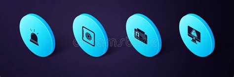 Set Isometric Monitor With Exclamation Mark Identification Badge Safe And Motion Sensor Icon