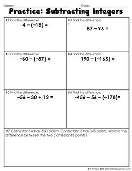 Subtracting Integers Notes By To The Square Inch Kate Bing Coners