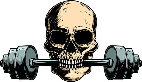 그의 이빨에 바벨과 인간의 두개골의 그림 포스터 카드 배너 엠블럼 티셔츠를 위한 디자인 요소 벡터 일러스트레이션 건강한 생활