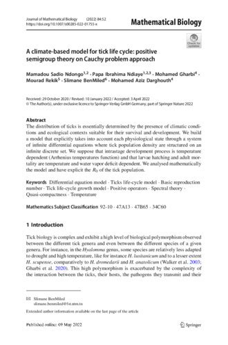 A Climate Based Model For Tick Life Cycle Positive Semigroup Theory On