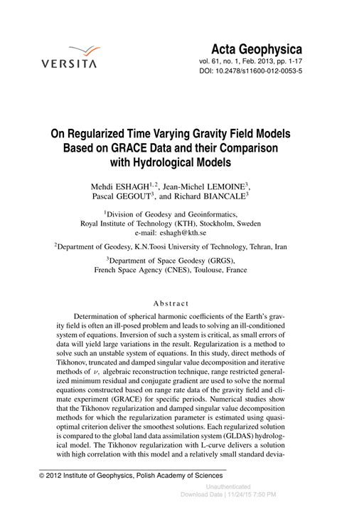 Pdf On Regularized Time Varying Gravity Field Models Based On Grace