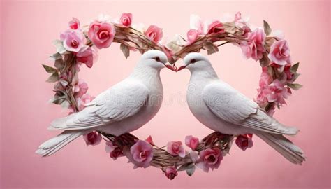 White Doves Framed By Heart Shaped Wreath Of Pink Roses Stock Image