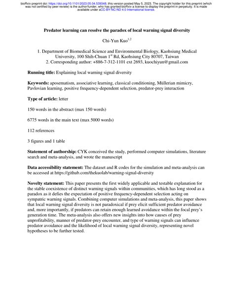 Pdf Predator Learning Can Resolve The Paradox Of Local Warning Signal Diversity