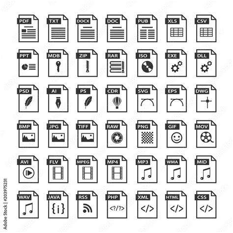 File Type Icons Files Format Icon Set In Black And White Software Symbols Buttons Vector De