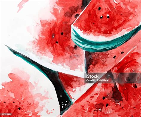 멋진 수채화 손으로 그린 빨간 얇게 썬 수박 그림 Veg 광고 Porster 카드 배너 및 음식 포장 마차에 사용됩니다 0명에 대한 스톡 벡터 아트 및 기타 이미지 Istock