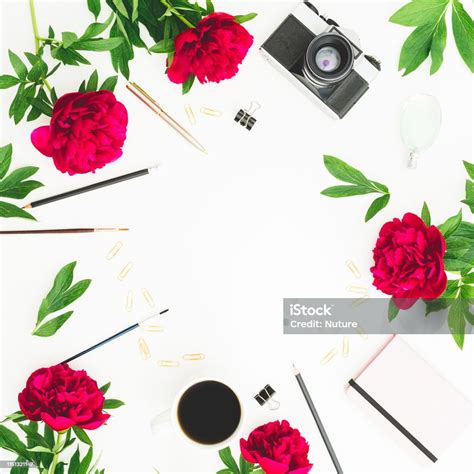 일기 복고풍 필름 카메라 모란 꽃 커피 컵과 흰색 바탕에 액세서리와 프레임 작업 공간 평면 누워 평면도 복사 공간 0명에 대한 스톡 사진 및 기타 이미지 Istock