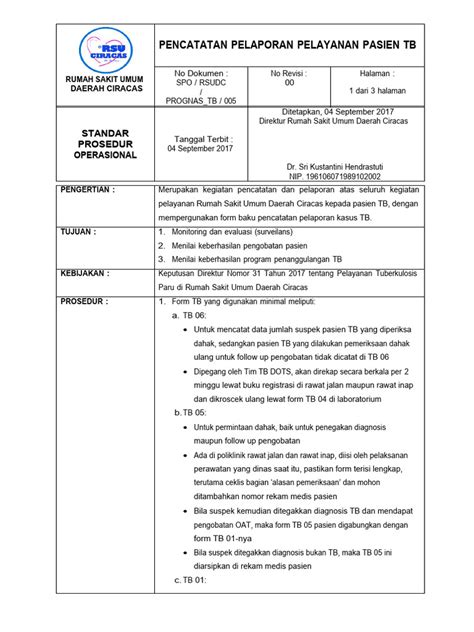 5 Spo Tb Rsud Ciracas Pencatatan Dan Pelaporan Prognas Pdf