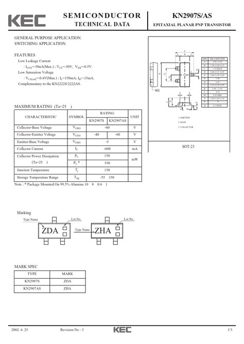 Kn2907as Epitaxial Planar Pnp Transistor Kec