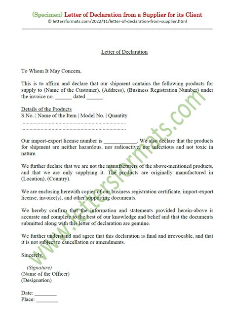 Specimen Letter Of Declaration From A Supplier For Its Client