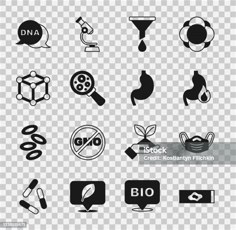 혈액 검사 및 바이러스 의료 보호 마스크 위 가슴 앓이 깔때기 또는 필터 돋보기 분자 Dna 기호 및 인간 위 아이콘 아래 미생물을 설정합니다 벡터 Dna에 대한 스톡 벡터