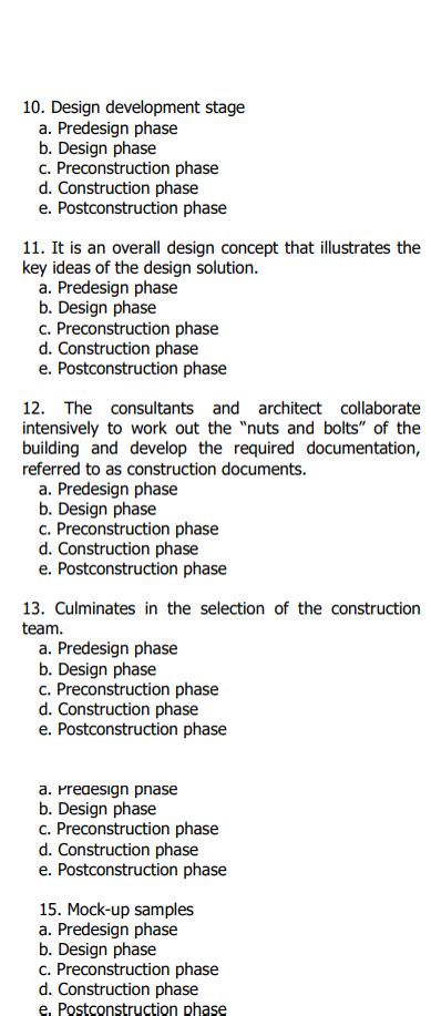 Solved 10 Design Development Stage A Predesign Phase B