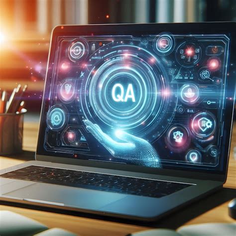 Photo Realistic Laptop With Holographic Ai Qa And Improvement Icons