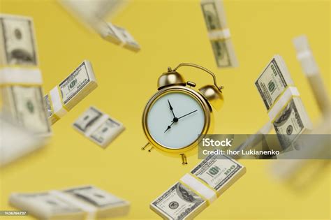 좋은 직업을위한 시간 알람 시계와 노란색 배경을 가로질러 날아가는 달러 뭉치 3d 렌더링 경제에 대한 스톡 사진 및 기타 이미지
