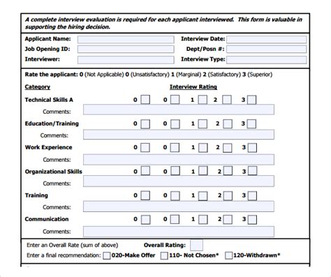 Interview Evaluation Forms Free Samples Examples Format Sample Templates