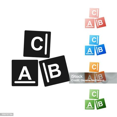 검은 색 Abc는 흰색 배경에 격리 된 아이콘을 차단합니다 문자 A B C 세트 아이콘 다채로운 알파벳 큐브 벡터 일러스트레이션