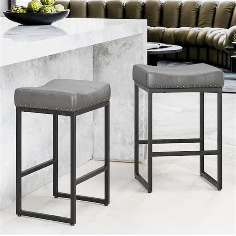 Lue Bona 24 In Gray Cusioned Backless Saddle Faux Leather Bar Stools
