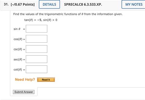 Solved Find the values of the trigonometric functions of θ Chegg com