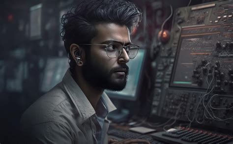 Premium Photo An Indian Man Computer Engineer Programmer Sits At A Computer With A Monitor Ai