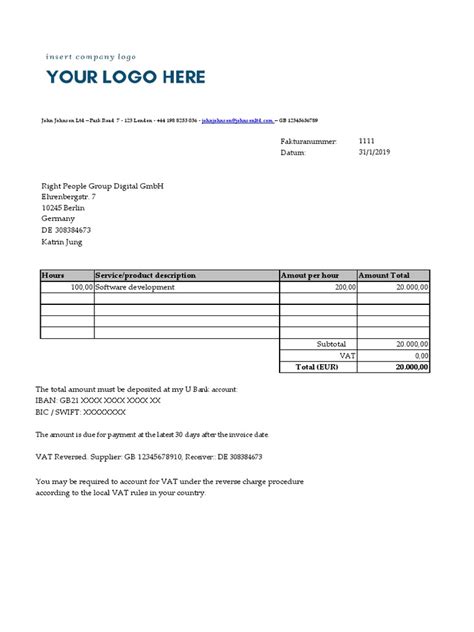 Reverse Charge Vat Invoice Template Pdf