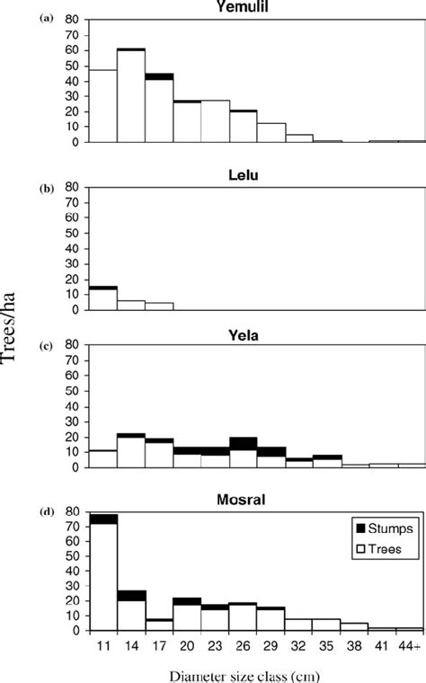 Size Distribution Of R Apiculata Trees And Stumps 10 Cm Dbh In Four Download Scientific
