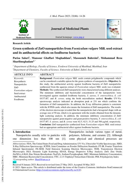 Pdf Green Synthesis Of Zno Nanoparticles From Foeniculum Vulgare Mill Seed Extract And Its