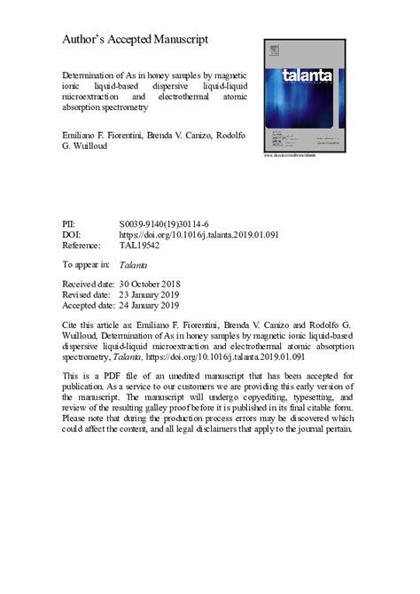 Pdf Determination Of As In Honey Samples By Magnetic Ionic Liquid