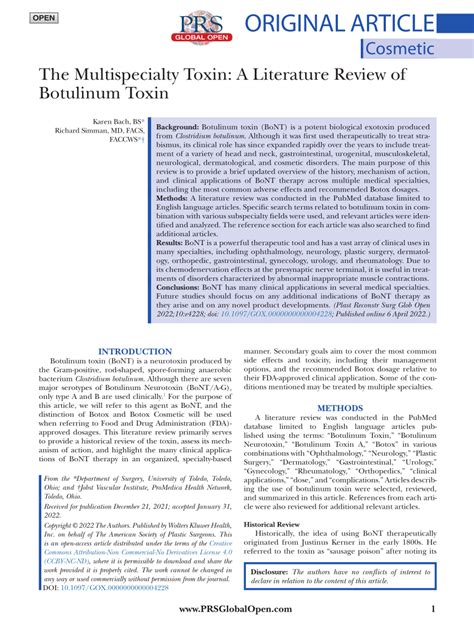 Pdf The Multispecialty Toxin A Literature Review Of Botulinum Toxin