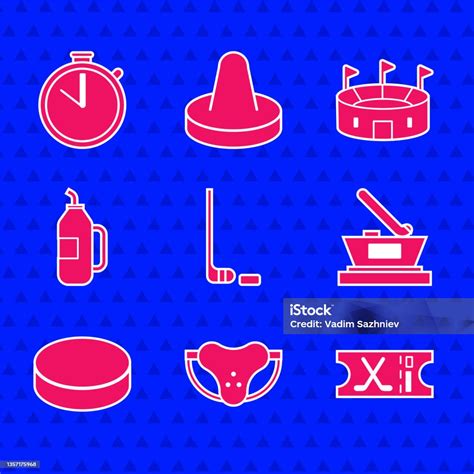 아이스 하키 스틱과 퍽 보호 스포츠 운동장 하키 스포츠 티켓 컵 챔피언 피트니스 셰이커 경기장 및 스톱워치 아이콘을 설정합니다 벡터 0명에 대한 스톡 벡터 아트 및 기타