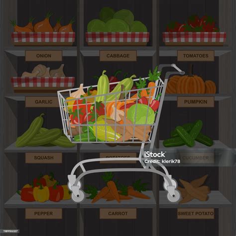 Корзина С Различными Товарами Такими Как Фрукты И Овощи Веганская Концепция Иллюстрация Вектора