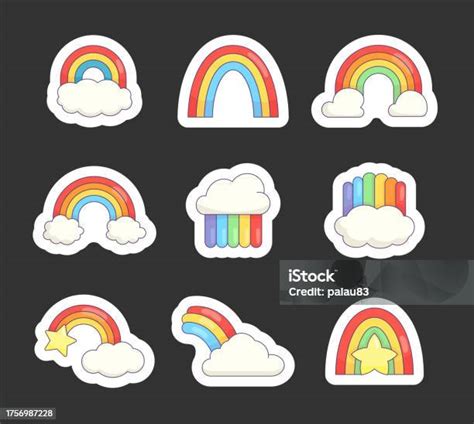 구름 별과 함께 무지개 스티커 책갈피 아기 보육원 아이 방 장식 손으로 그린 스타일 벡터 그리기 디자인 요소 모음 0명에 대한 스톡 벡터 아트 및 기타 이미지 Istock
