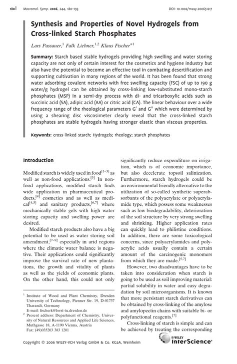 Pdf Synthesis And Properties Of Novel Hydrogels From Cross‐linked
