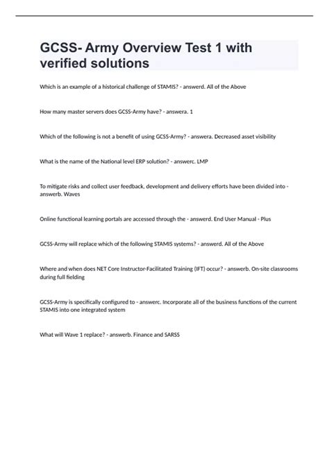 GCSS Army Overview Test 1 With Verified Solutions GCSS Army Stuvia US