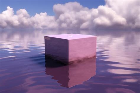 There Is A Pink Box Floating In The Water With Clouds In The Background