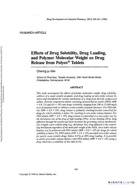 Pdf Effects Of Drug Solubility Drug Loading And Polymer Molecular Weight On Drug Release