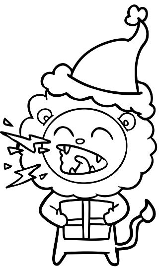산타 모자를 쓴 선물을 가진 포효하는 사자의 손으로 그린 선 그림 0명에 대한 스톡 벡터 아트 및 기타 이미지 0명 귀여운 낙서 드로잉 Istock