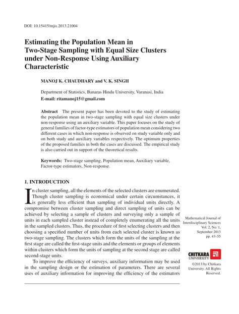 Pdf Estimating The Population Mean In Two Stage Sampling With Equal Size Clusters Under Non