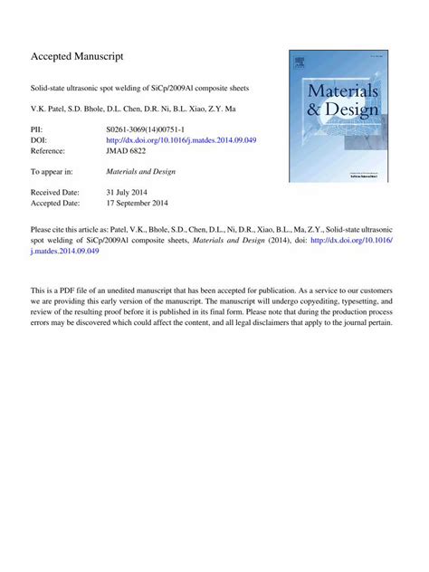 Pdf Solid State Ultrasonic Spot Welding Of Sicp 2009al Composite Sheets Dokumen Tips