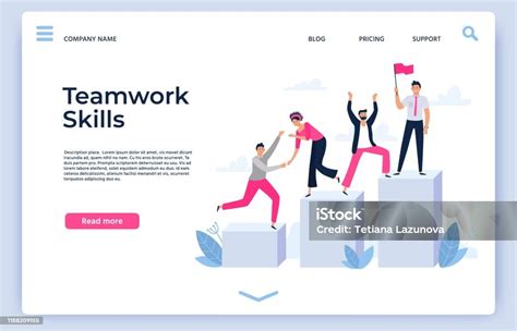 성공적인 팀 커리어 개발 지원 사업가 보유 골드 컵 트로피 와 팀워크 기술 랜딩 페이지 벡터 일러스트 개념에 대한 스톡 벡터