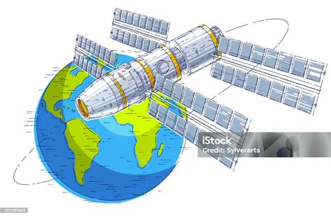 지구 태양 전지 인공 위성 우주선 우주선이 Iss 주변 궤도 비행을 비행 하는 우주 정거장 얇은 선 3d 벡터 일러스트입니다 경외감에 대한 스톡 벡터 아트 및 기타 이미지