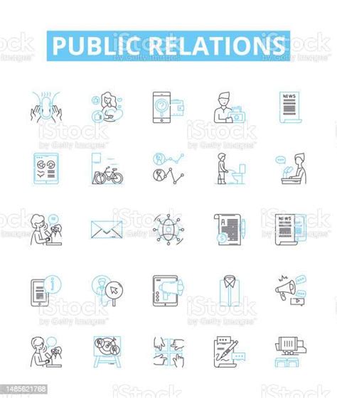 홍보 벡터 라인 아이콘이 설정되었습니다 Pr 홍보 미디어 커뮤니케이션 봉사 활동 옹호 브랜딩 일러스트레이션 개요 개념 기호 및