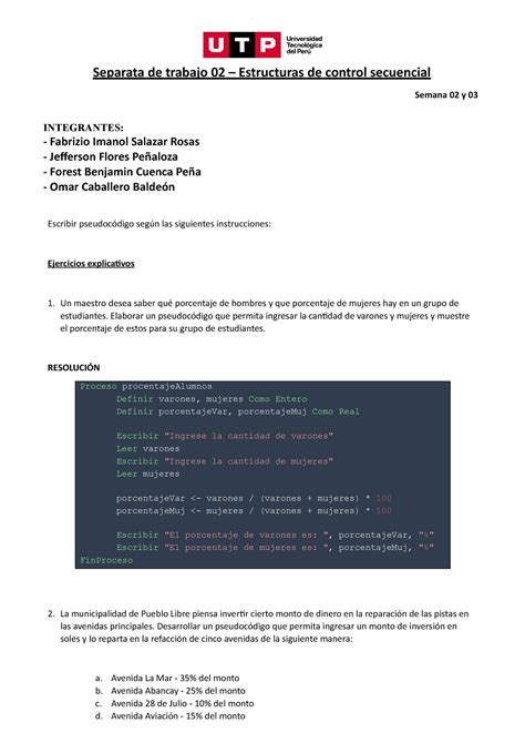 Tarea De La Sem Principio De Algoritmos Separata De Trabajo Estructuras De Control
