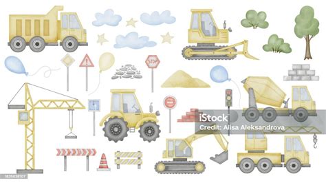 건설 클립 아트 세트 수채화 그림입니다 손으로 그린 아기 소년 장난감 자동차와 고립 된 배경에 도로 표지판 트럭 및 크레인 도면이 있는 트랙터 벽 예술 스티커에 대한 운송