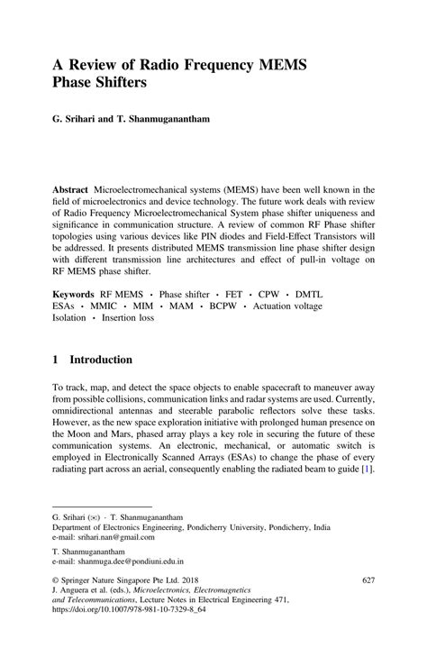PDF A Review Of Radio Frequency MEMS Phase Shifters