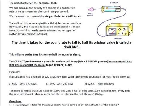Gcse Physics Radiation Half Life Worksheet Teaching Resources