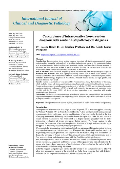 Pdf Concordance Of Intraoperative Frozen Section Diagnosis With Routine Histopathological