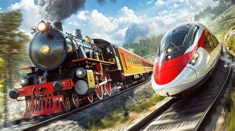 Evolution Of Travel Vintage Steam Locomotive Versus Sleek High Speed