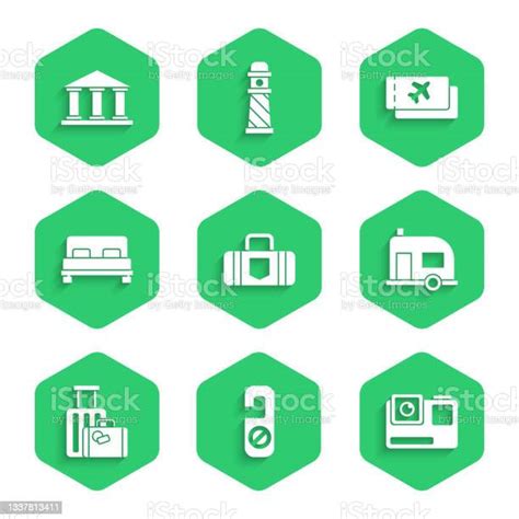 세트 가방 방해하지 마십시오 액션 극단적 인 카메라 Rv 캠핑 트레일러 큰 침대 항공권 및 박물관 건물 아이콘 벡터 가구에 대한 스톡 벡터 아트 및 기타 이미지 Istock