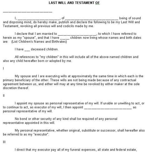 Free Printable Last Will And Testament Form GENERIC