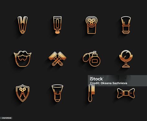 세트 라인 가위 미용사 및 방패 면도 브러쉬 컬링 아이언 헤어 브러시 나비 넥타이 교차 면도 면도기 핸드 미러 및 애프터 쉐이브 아이콘 벡터 거울에 대한 스톡 벡터 아트 및